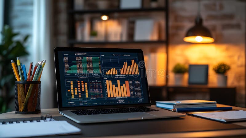 Modern Office Desk Setup Featuring Open Laptop Displaying Data Charts ...