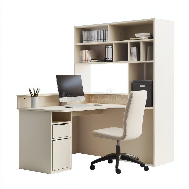 Modern Office Desk Setup with Shelves, Computer, and Chair for ...