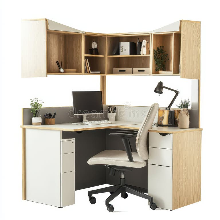Modern Office Desk Setup with Storage, Computer, and Ergonomic Chair ...