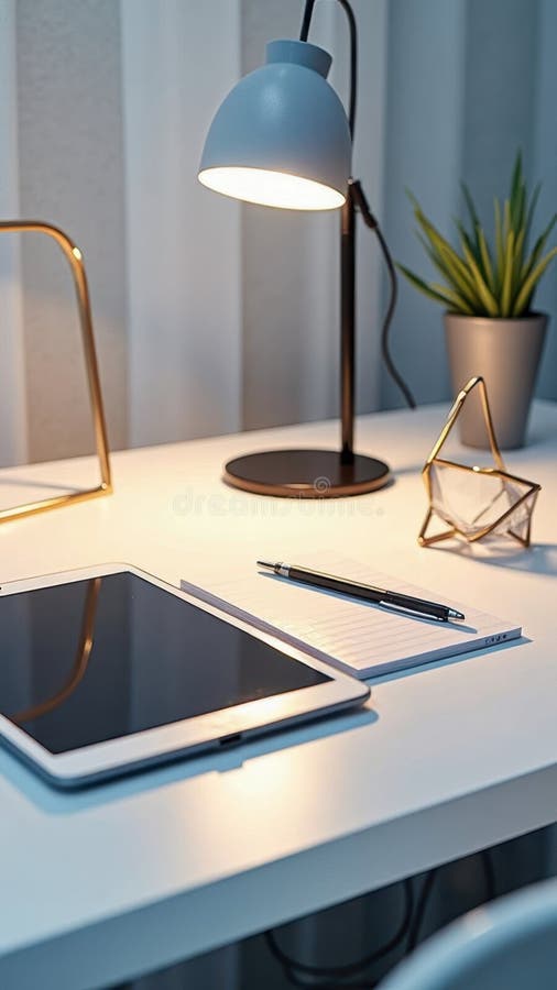 Modern Office Desk Setup with Tablet, Lamp, and Decorative Plant Stock ...