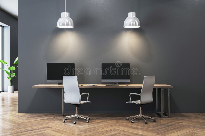 Modern Office Desk Setup with Two Computers and Chairs in Front of a ...