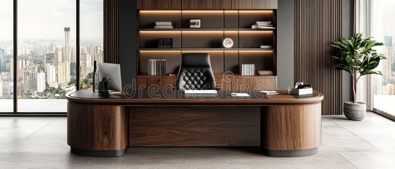Modern Office Desk with Sleek Design and City View, Minimal Decor Stock ...