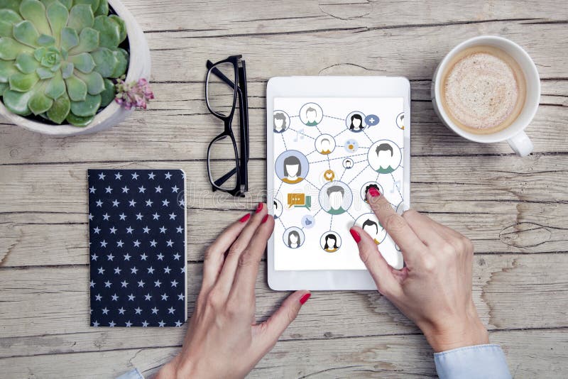 Modern Office Desk with Social Media Tablet, Handy, Notepad and Cup of ...