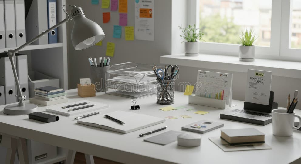 Modern Office Desk with Stationery, Graphs, and Creative Planning Notes ...