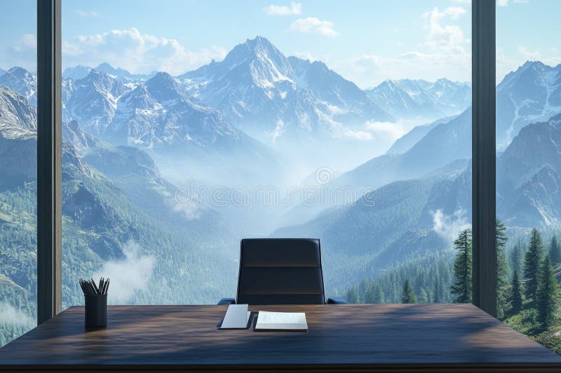 A Modern Office Desk with a Stunning View of a Mountain Range Stock ...