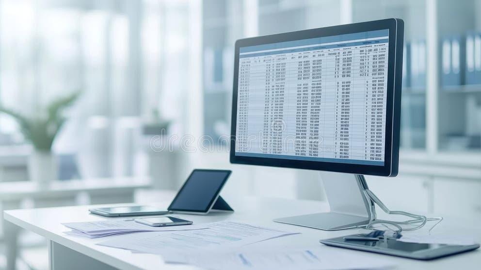 Modern Office Desk with Tech Devices, Financial Documents. Spreadsheet ...