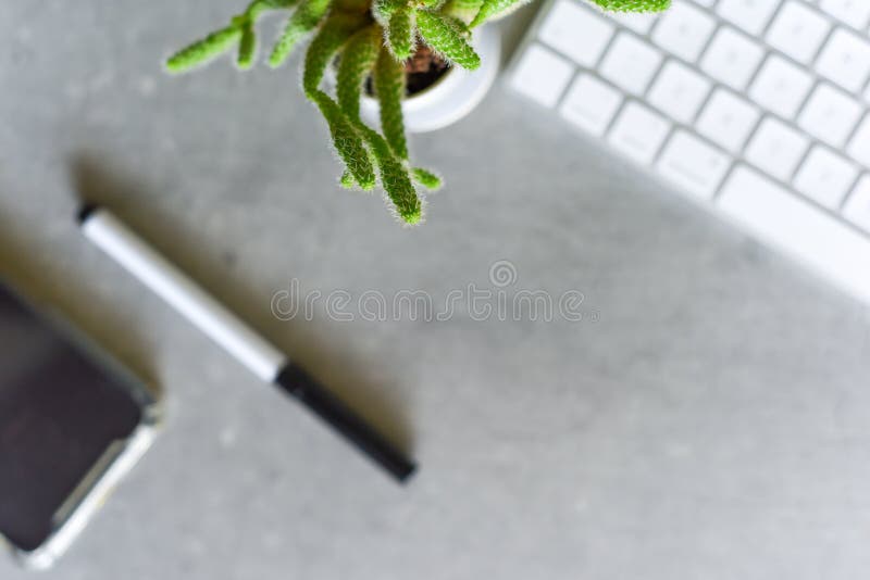 Modern Office Desk from Top View with Keyboard Phone and Pen Stock ...