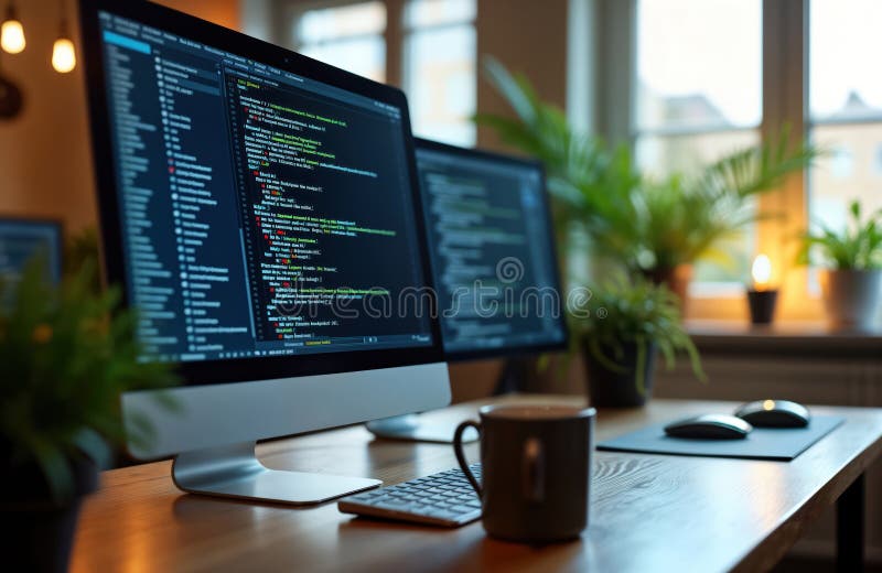 Modern Office Desk with Two Computer Monitors Displaying Code. Keyboard, Mug, Houseplants Stock ...