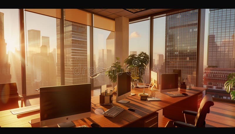 Modern Office Desk with Cityscape View at Sunset Stock Illustration ...