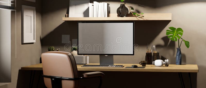 Modern Workstation with Computer Mockup, Painting Tools and Accessories ...