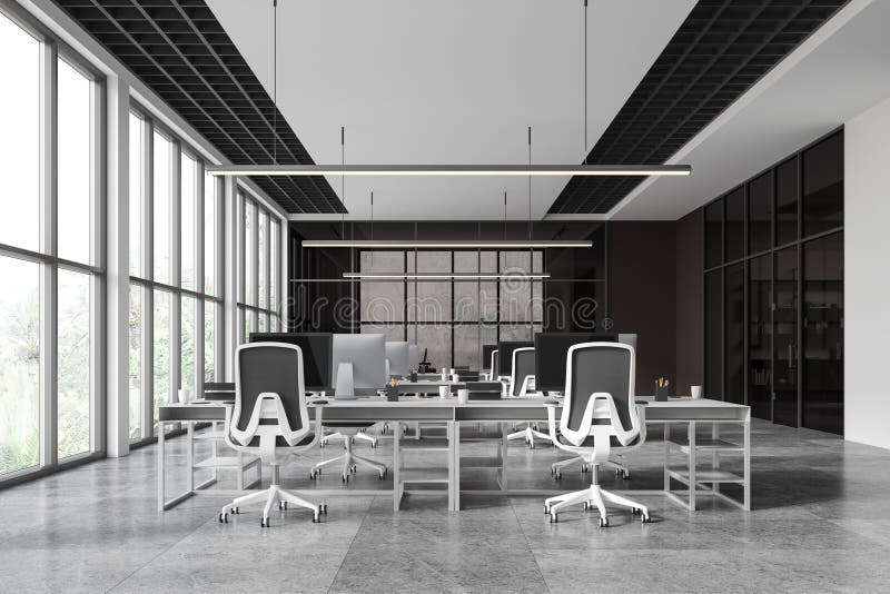 Modern Office with Desks and Chairs, High-tech Style Stock Illustration ...