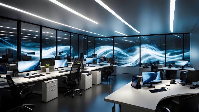 Modern Office with Desks, Computers, and Light Streaks. Generative AI ...