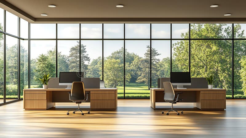 Modern Office, Desks, Park View, Sunlight, Workspace Stock Photo ...