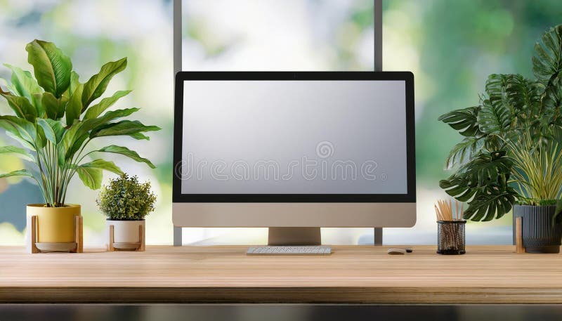 Modern Office Desktop with Large Computer Screen in Focus Surrounded by ...