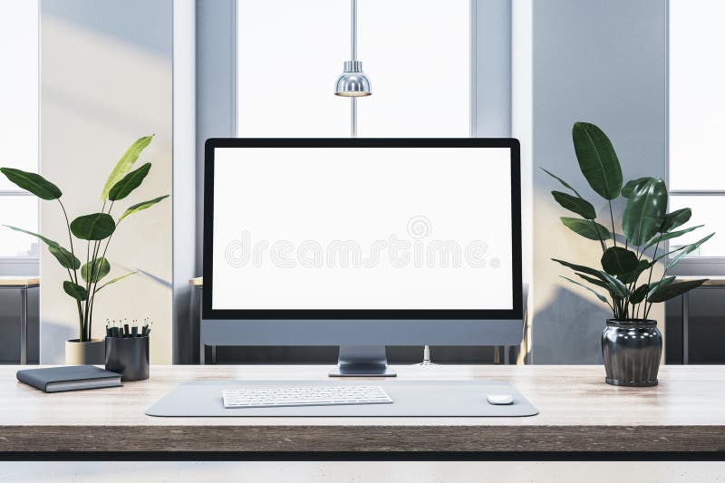 Modern Office Desktop with Large Computer Screen in Focus Surrounded by ...