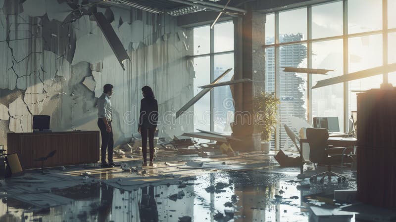 Modern Office Devastated by Seismic Activity, Emphasizing the Impact on ...