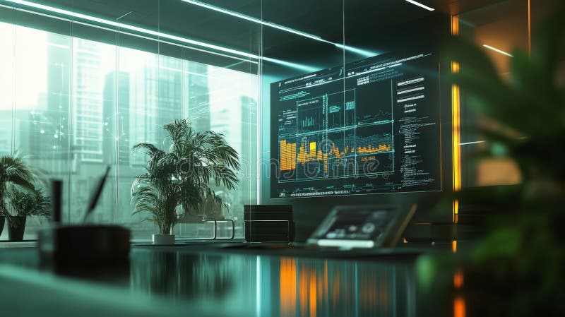 Modern Office with Digital Dashboard Display and City View Stock Photo ...