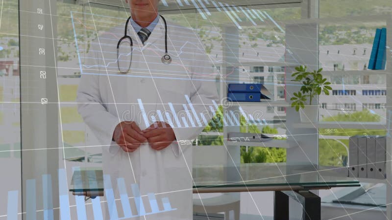 In Modern Office, Doctor in White Coat Analyzing Data Charts with ...