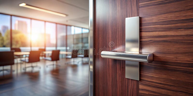 Modern Office Door Handle with Sunlit Workspace View. Generative AI ...