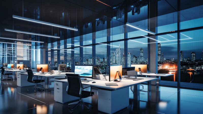 Modern Office at Dusk with Illuminated Desks. Sleek Design, Corporate ...