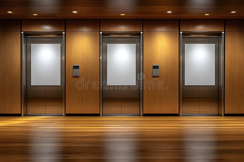 Modern Office Elevators with Wood Paneling in a Corporate Building ...