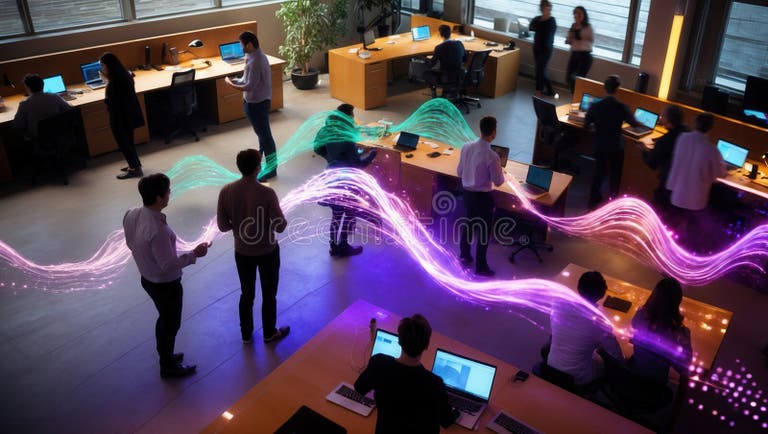 Modern Office with Employees Working on Laptops and Vibrant Digital ...
