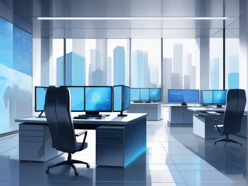 Modern Office with Empty Computer Stock Illustration - Illustration of ...