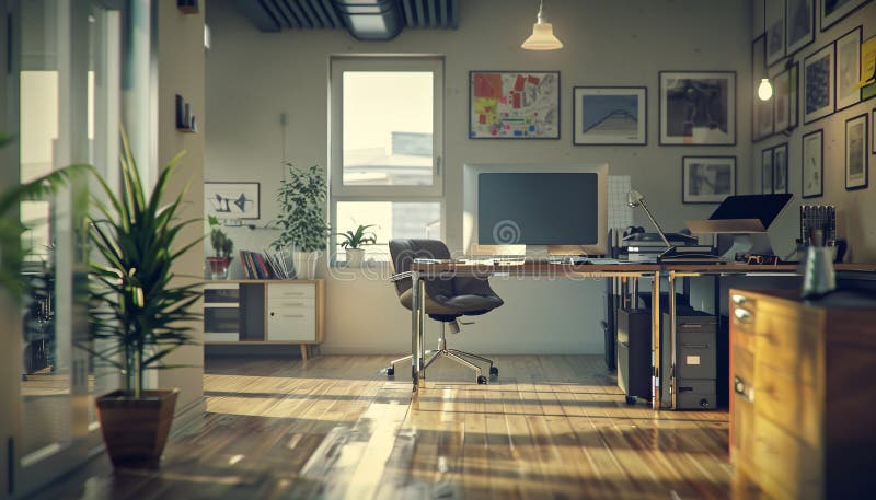Modern Office with Empty Desk, Chair, and Computer Indoors Stock ...