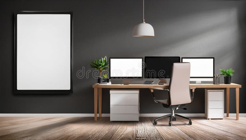 Modern Office with Empty Vertical Display Screen on Dark Wall, Wooden ...