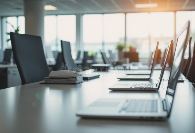 Modern Office with Empty Workstations and Laptops Ready for Use Stock ...