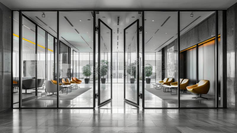 Modern Office Entrance with Glass Doors.Welcome To Innovation Stock ...