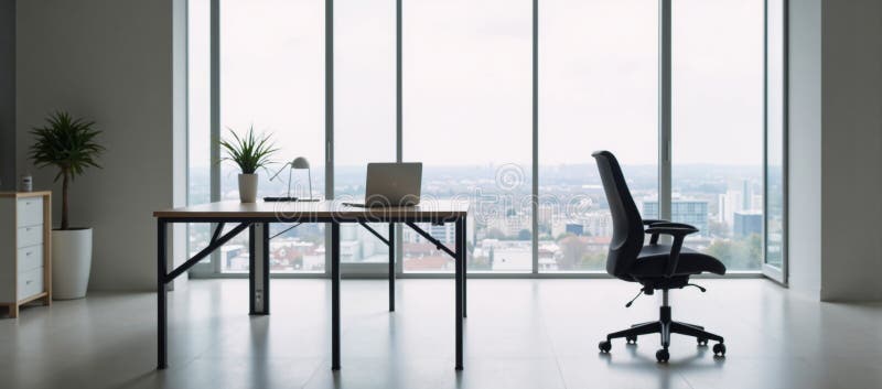 A Modern Office Environment Centered Around a Large Window and Desk ...