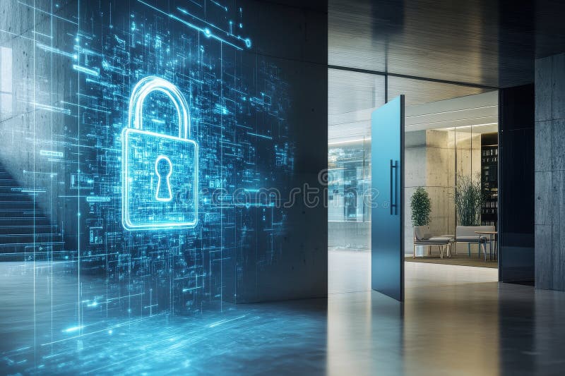 Modern Office Environment with Digital Security Lock Symbol Overlay ...