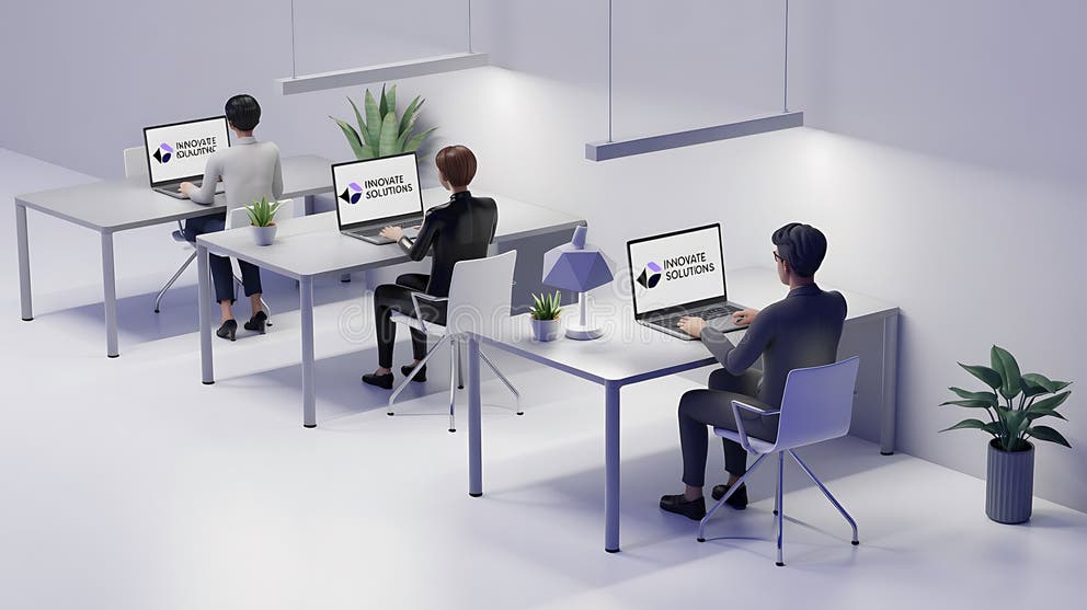 Modern Office Environment with Employees Working at Desks Using ...