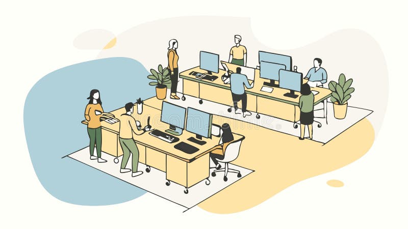 Modern Office Teamwork Collaboration People Working Computers Desk Flat ...