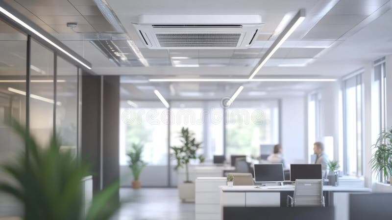 Modern Office Environment Featuring Air Conditioning Units and Plants ...