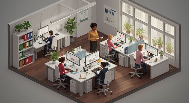 Modern Office Environment Featuring Six People at Workstations with ...