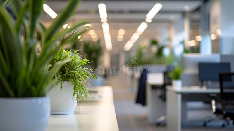 Modern Office Environment with a Focus on Indoor Plants Placed on a ...