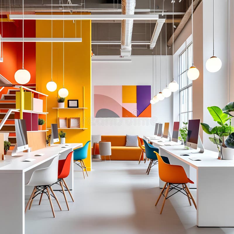 Modern Open Office Environments. Startup Workspace Interiors. Minimal ...