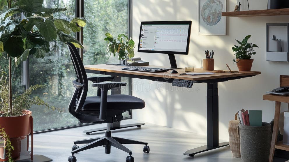 A Modern Office Features an Adjustable Height Desk, Comfortable Chair ...