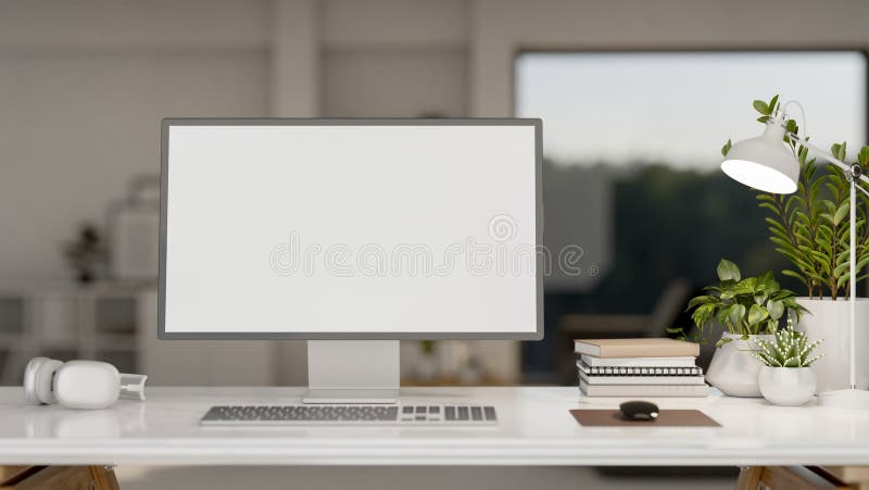 A Modern Office Features a Computer with a White-screen Mockup and ...
