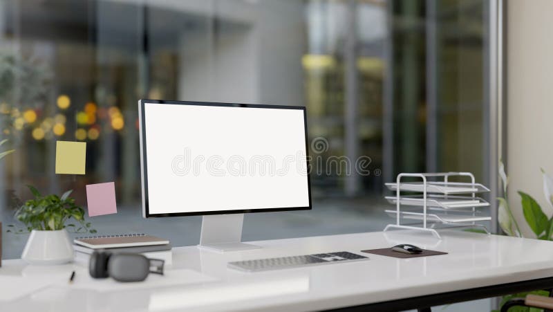 A Modern Office Features a Computer with a White-screen Mockup and ...