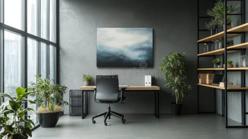 Modern Office Features Landscape Art Desk Plants Window View Stock ...