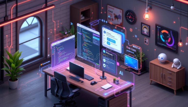 Modern Office Featuring Digital Interfaces and AI Technology, Creating ...