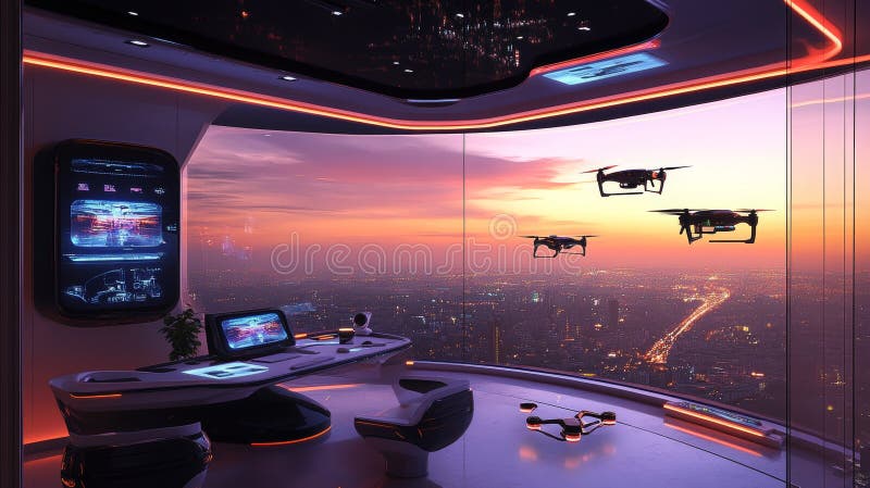 A Modern Office Featuring a Panoramic City View at Sunset, with Drones ...