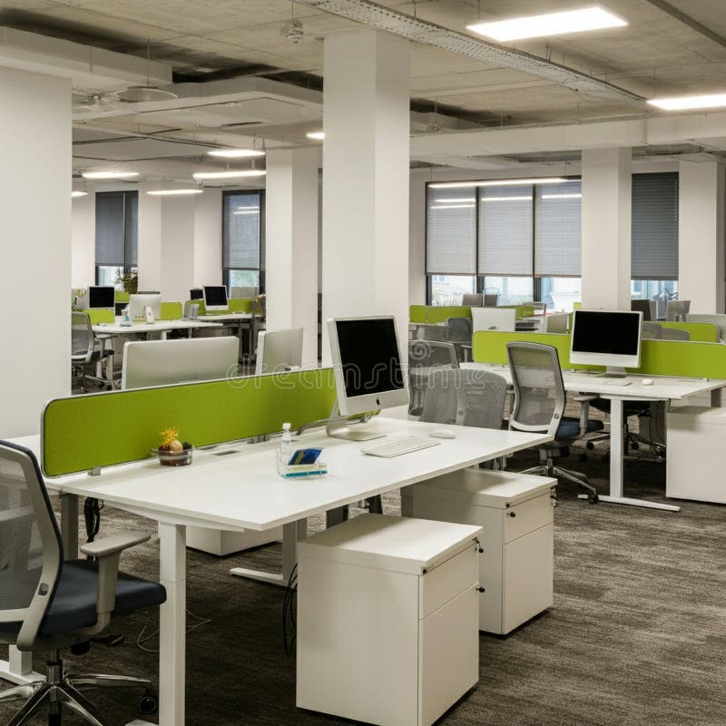 Modern Office Featuring Rows of Workstations with White Desks and Green ...