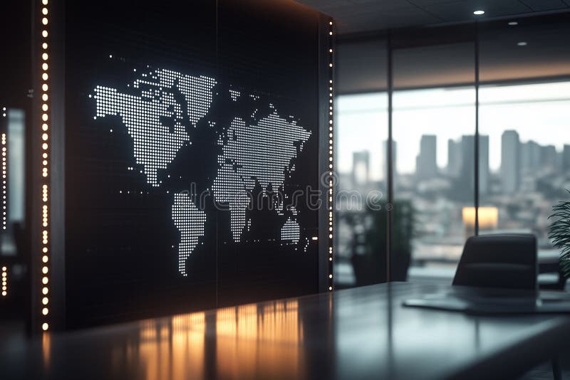 Modern Office Featuring a Sleek Abstract World Map Design with City ...