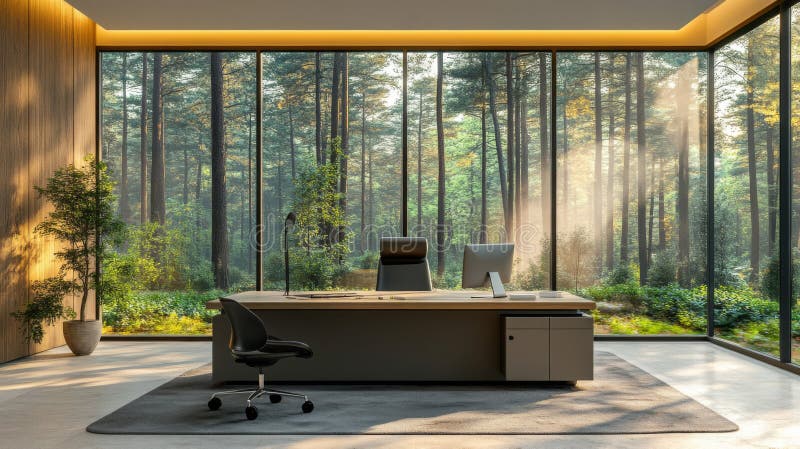 Modern Office with Forest View and Sunlight Stock Illustration ...