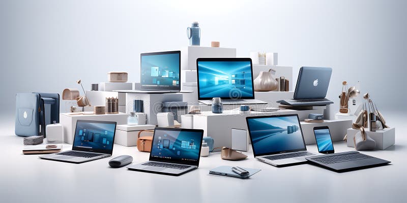 Modern Office Furniture and Personal Computers in Front of Grey Wall 3D ...