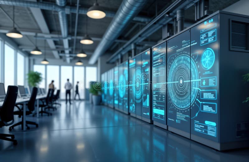 Modern Office with Futuristic HVAC Tech. Many Interactive Displays Show ...